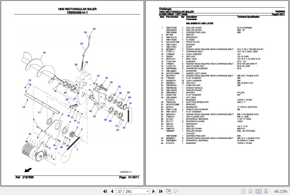Challenger Rectangular Baler 1840 Parts Catalog 79035938