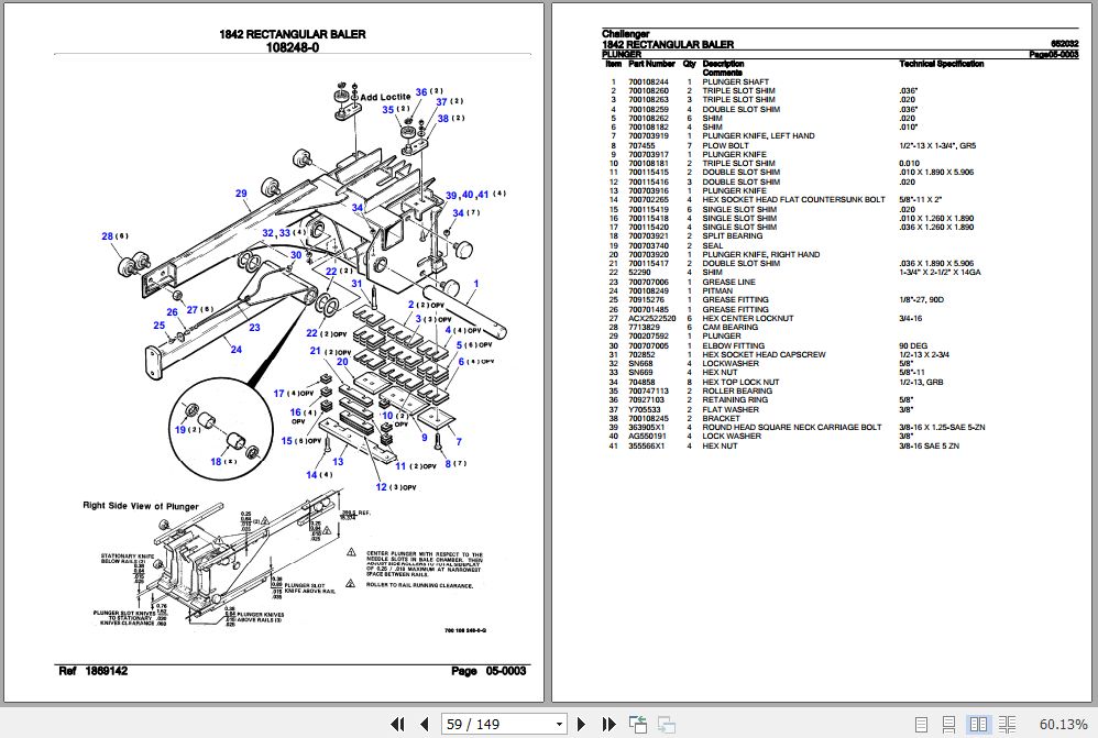 Challenger Rectangular Baler 1842 Parts Catalog 652032