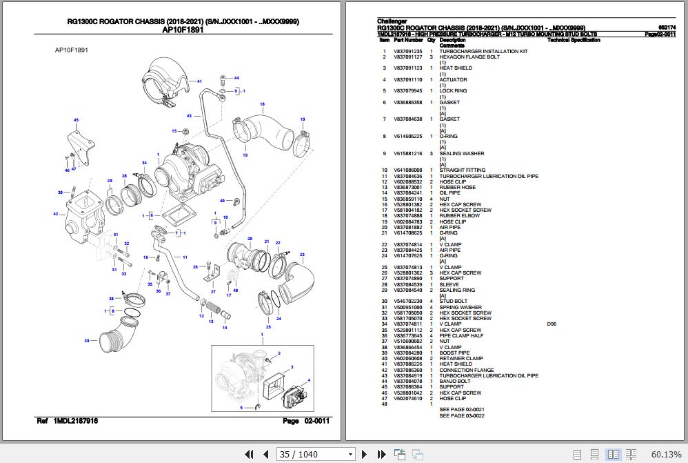 Challenger Rogator RG1300C Chassis Parts Catalog 652174