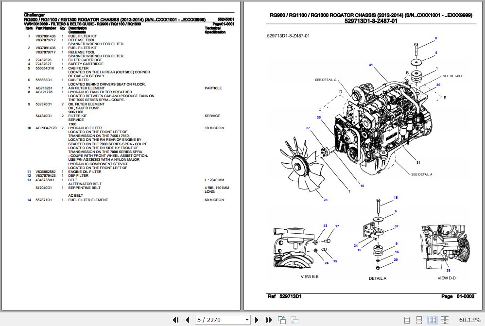 Challenger Rogator RG900 RG1100 RG1300 Chassis Parts Catalog 552450D1