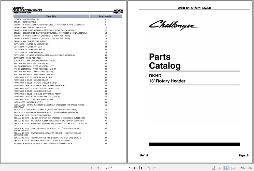 Challenger Rotary Header DKHD Parts Catalog 00735783