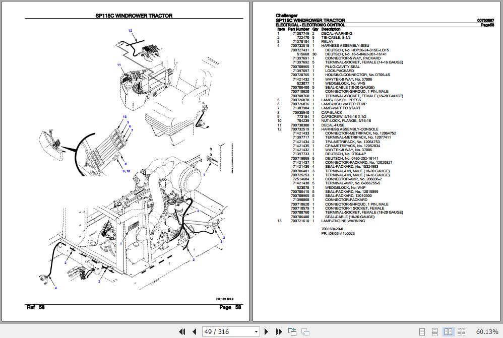 Challenger Windrower Tractor SP115C Parts Catalog 00730567