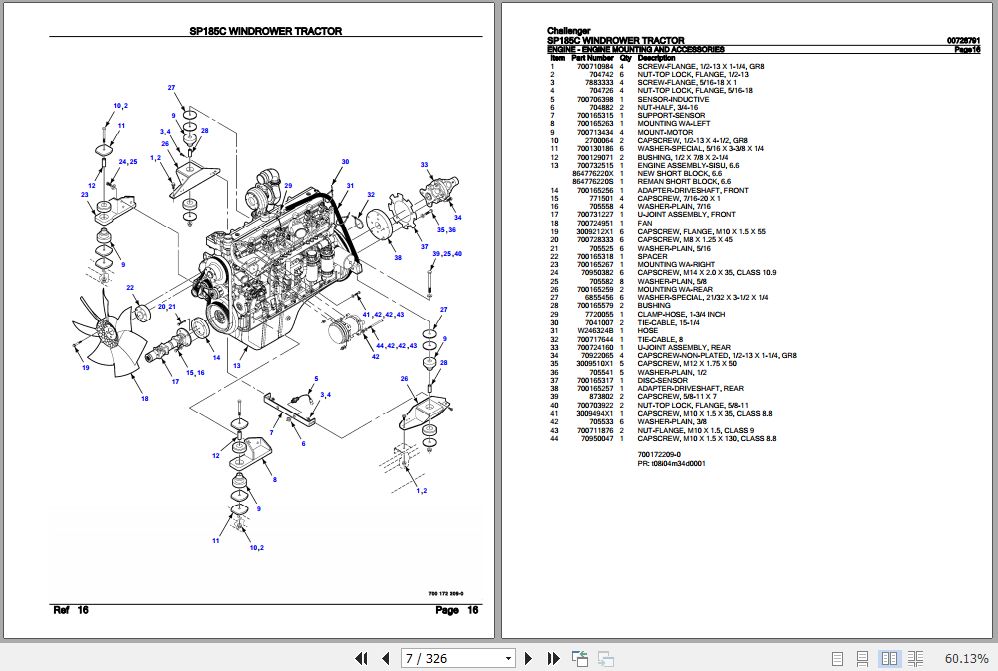 Challenger Windrower Tractor SP185C Parts Catalog 00728791