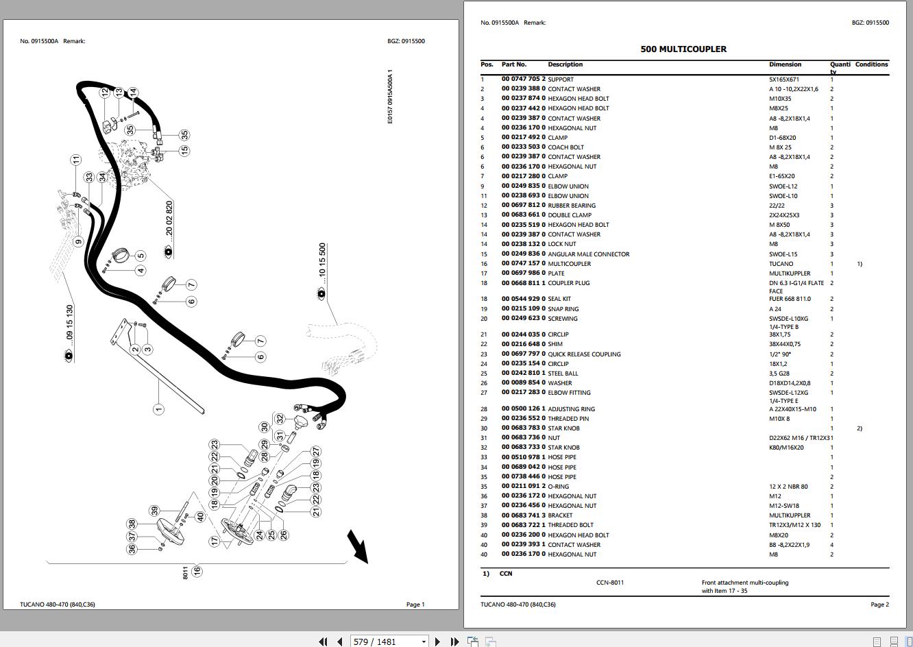 Claas TUCANO 480-470 C3600011 - C3699999 Spare Parts Catalog