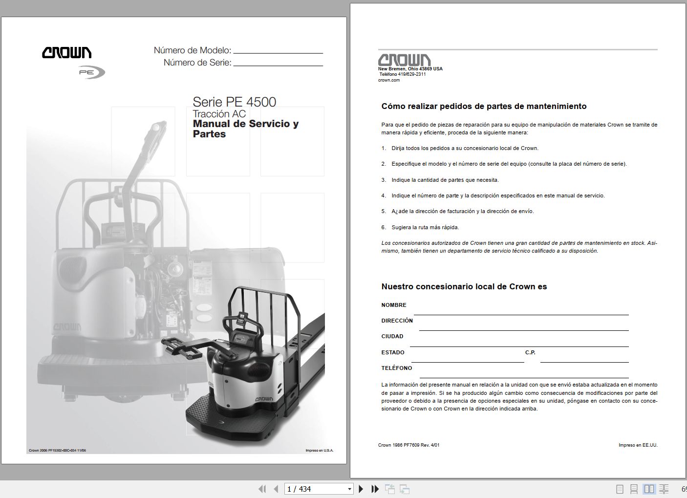 Crown Electric Pallet PE4500 Series Service and Parts Manual ES