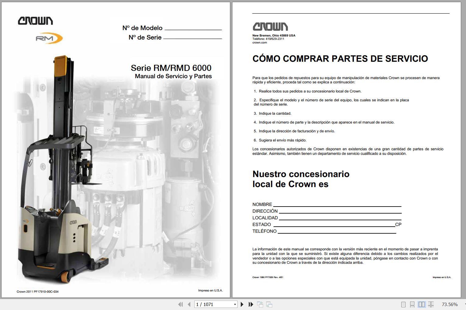 Crown Forklift RM600 RMD6000 Series Service and Parts Manual ES