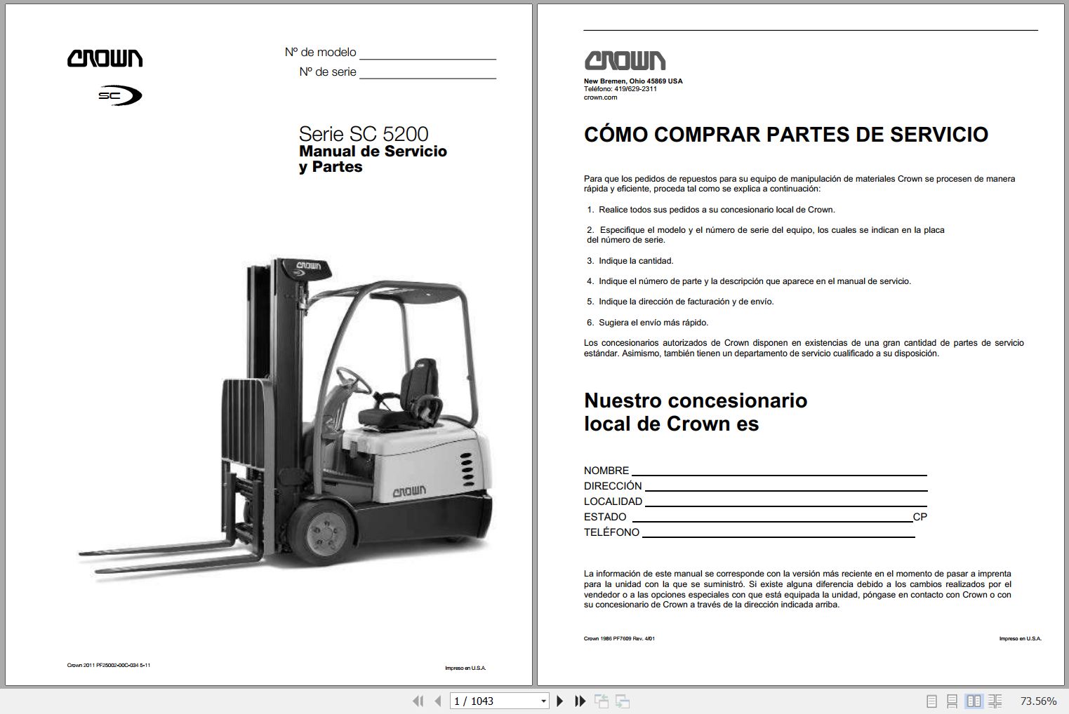 Crown Forklift SC5200 Series Service and Parts Manual ES
