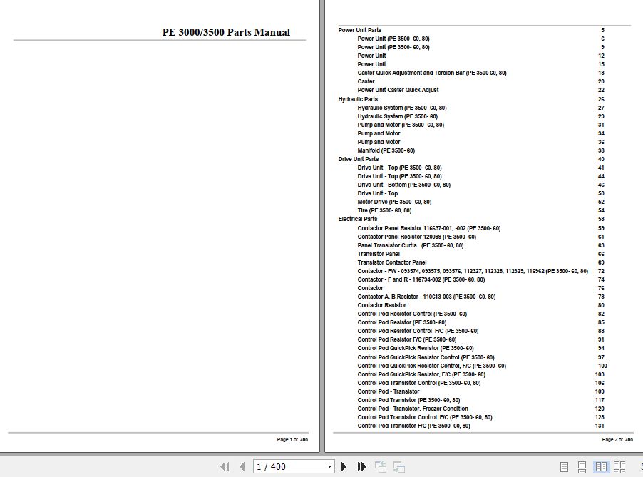 Crown Pallet Truck PE3000 PE 3500 Parts Manual