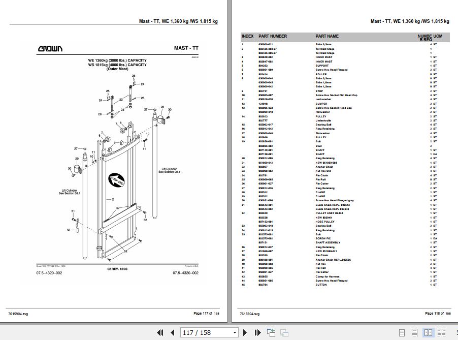 Crown Walkie Stacker WE2000 WS2000 Parts Manual