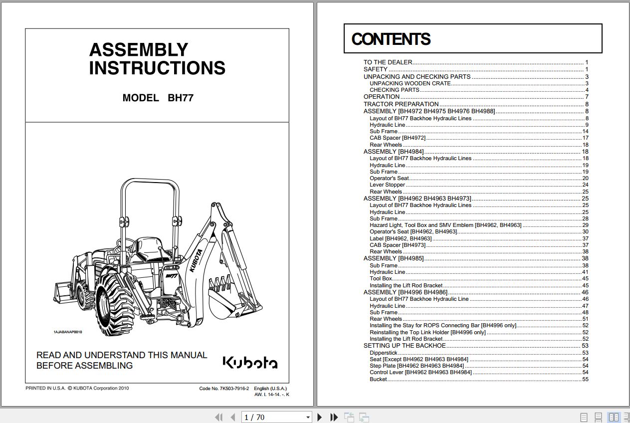 Kubota Backhoe BH77 Assembly Instruction