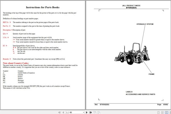 Kubota Backhoe BT650 Parts Manual