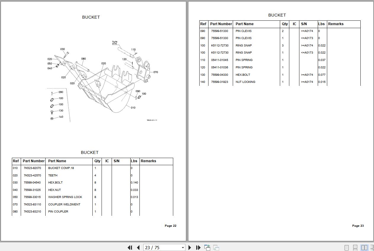 Kubota Backhoe BT820 Parts Manual