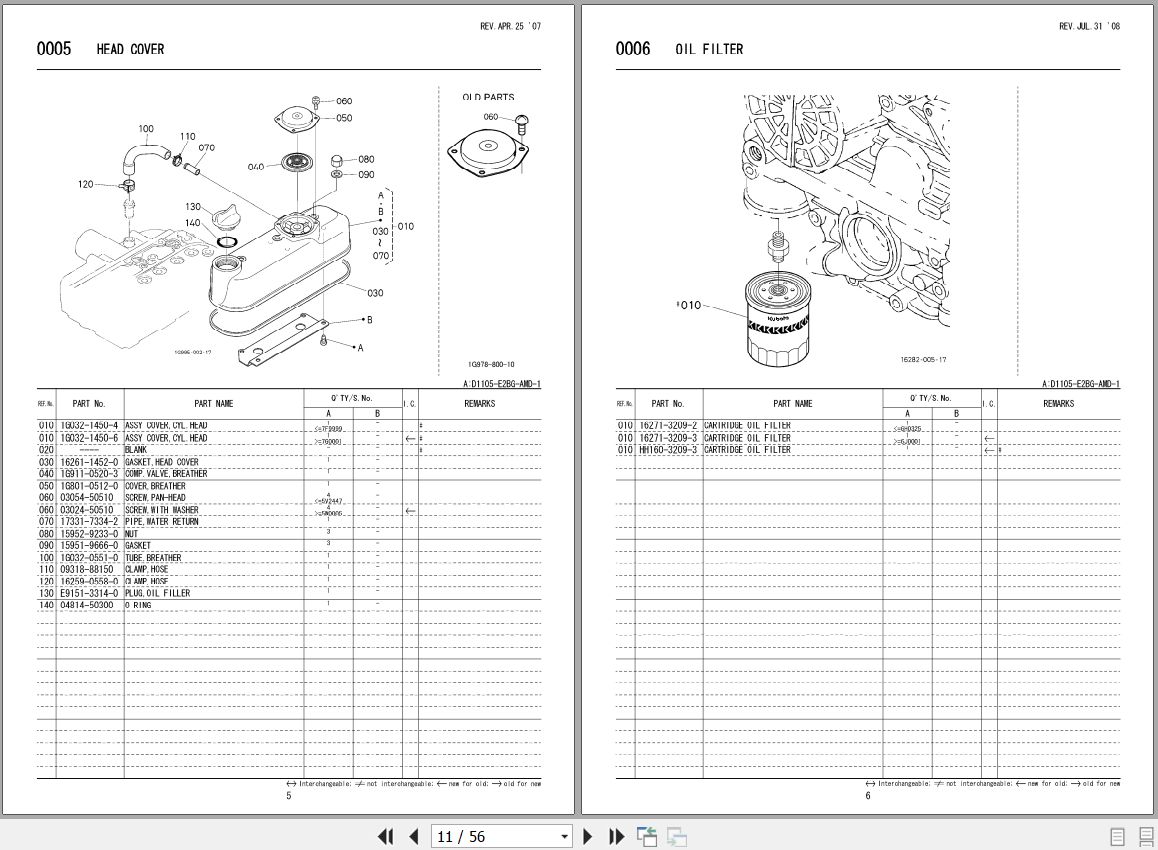 Kubota Engine D1105-E2BG-AMD-1 Illustrated Parts List 97898-67470