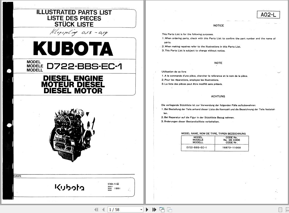 Kubota Engine D722-BBS-EC-1 Illustrated Parts List 16873-11000