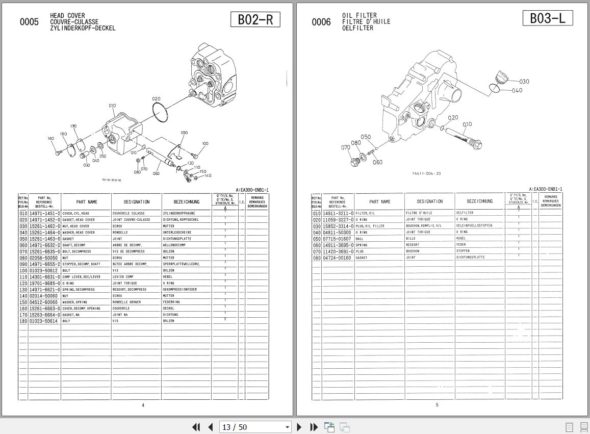 Kubota Engine EA300-ENB1-1 Illustrated Parts List 97898-55910