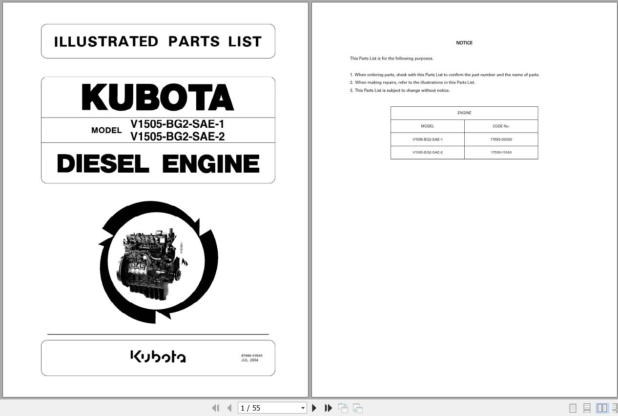 Kubota Engine V1505-BG2-SAE-1 V1505-BG2-SAE-2 Illustrated Parts List 97898-64580