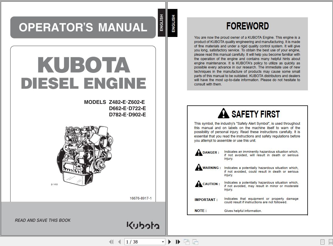 Kubota Engine Z482-E to D902-E Operators Manual 16676-8917-1