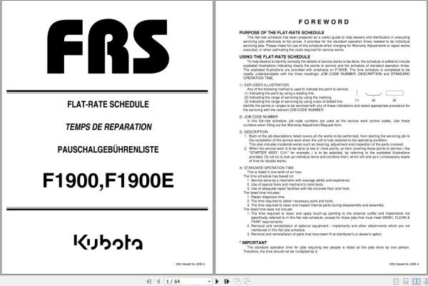Kubota Front Mower F1900 F1900E Flat-Rate Schedule 9Y012-30911