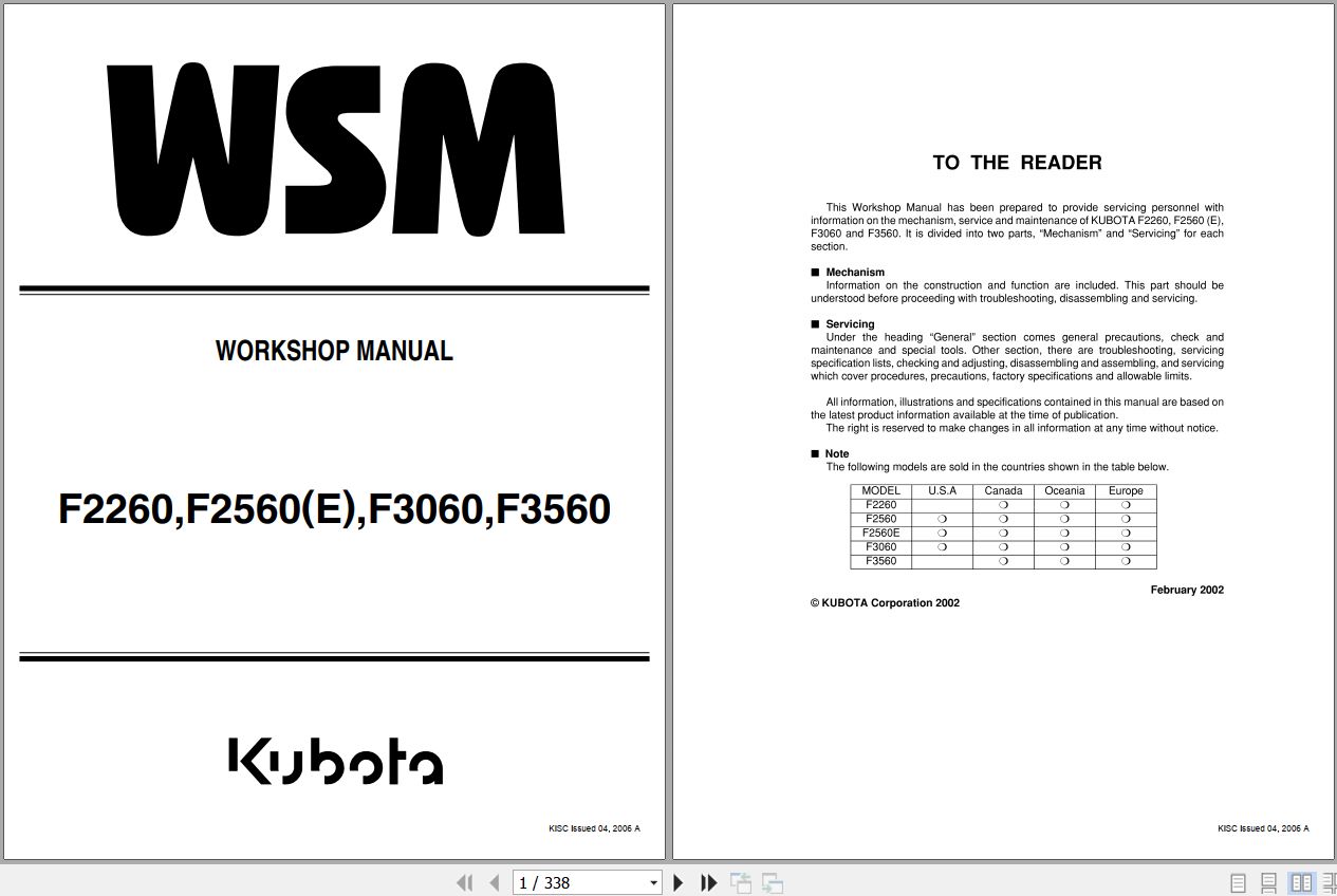 Kubota Front Mower F2260 F2560 F3060 F3560 Workshop Manual 9Y011-11903
