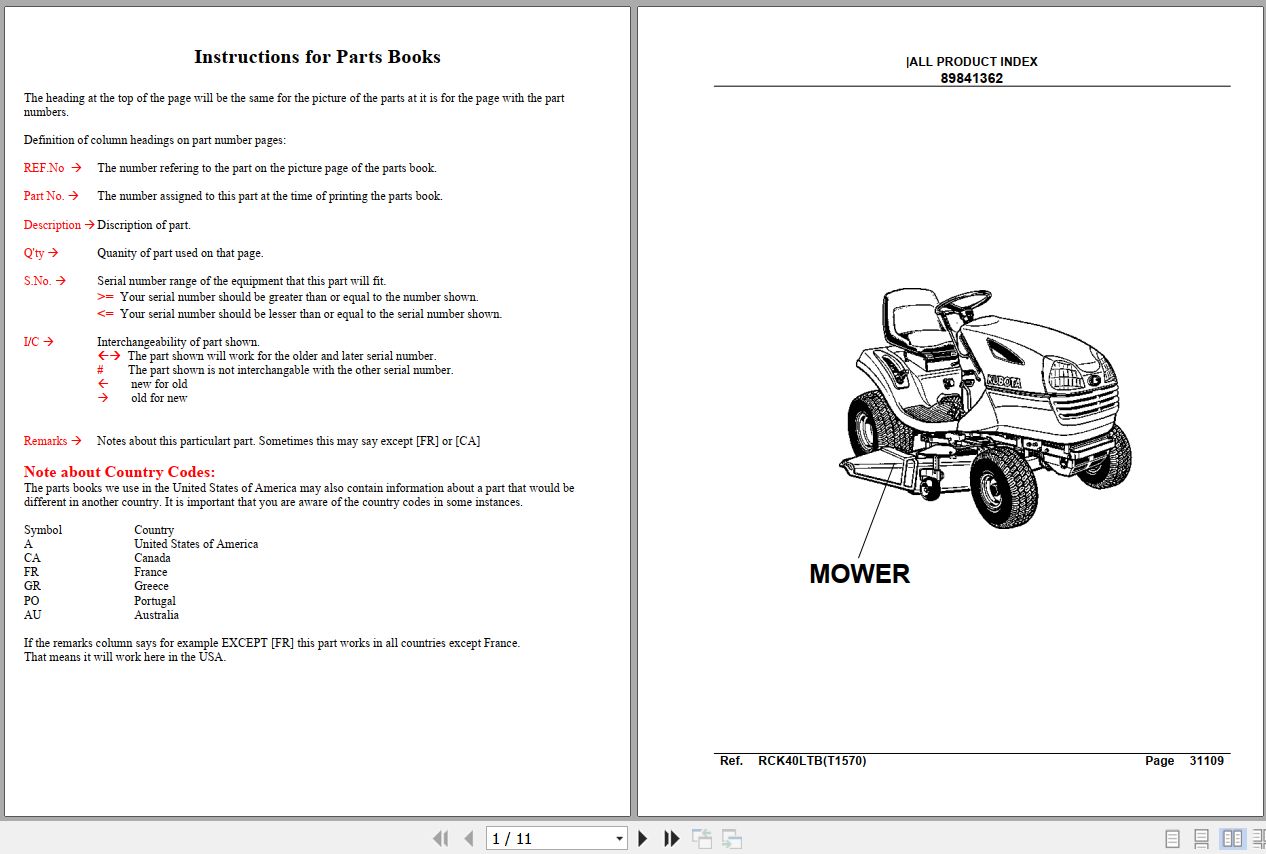 Kubota Mowers RCK40LTB(T1570) Parts Manual