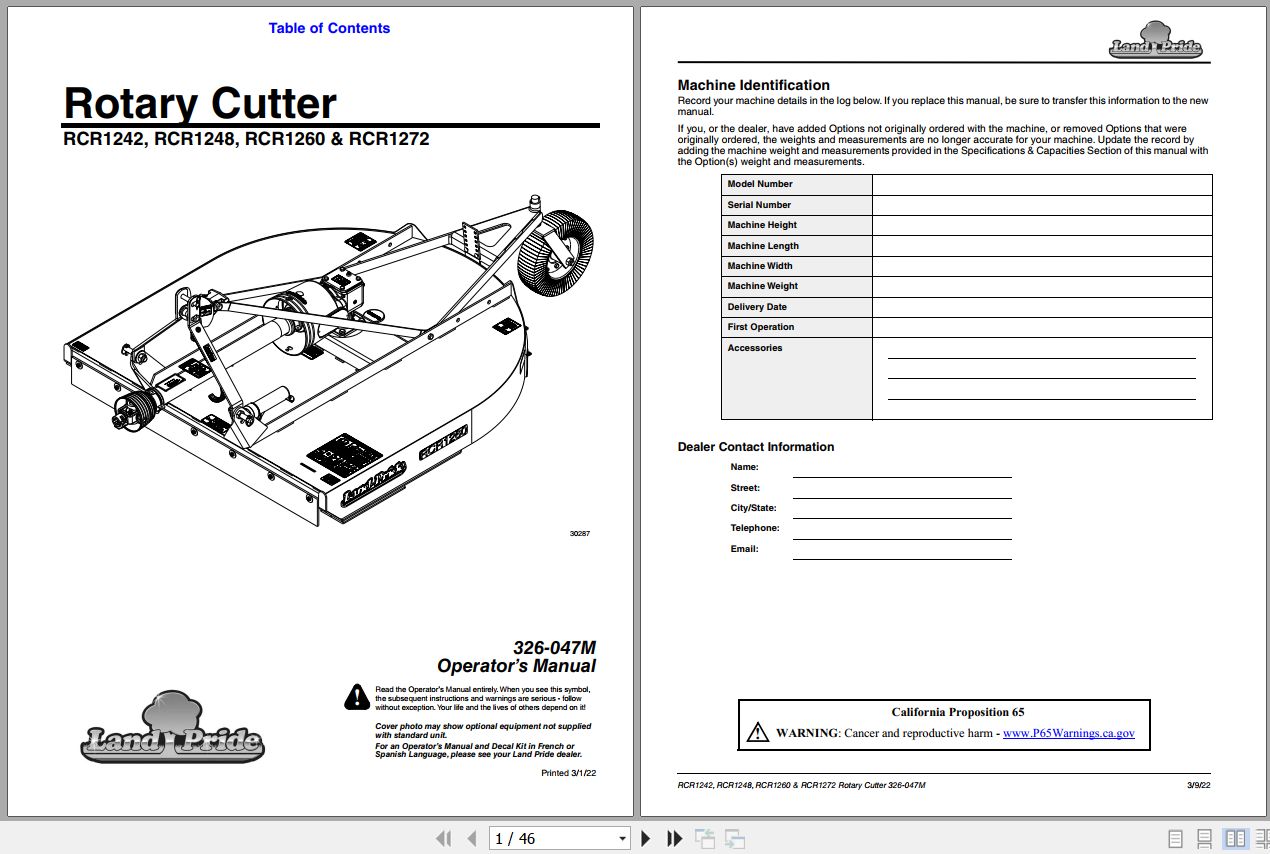 Kubota Rotary Cutter RCR1242 RCR1248 RCR1260 RCR1272 Operator Manual