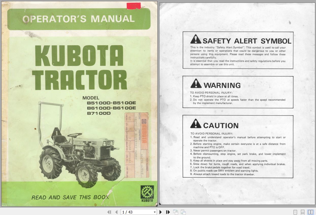 Kubota Tractor B5100 B6100 B7100 Operators Manual 66701-6291-9