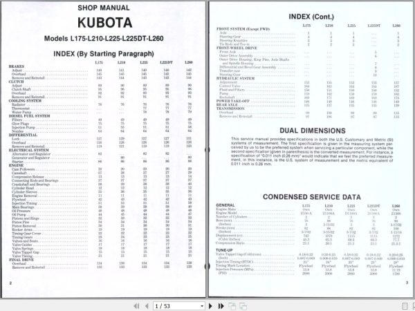 Kubota Tractor L175 L210 L225 L225DT L260 Workshop Manual
