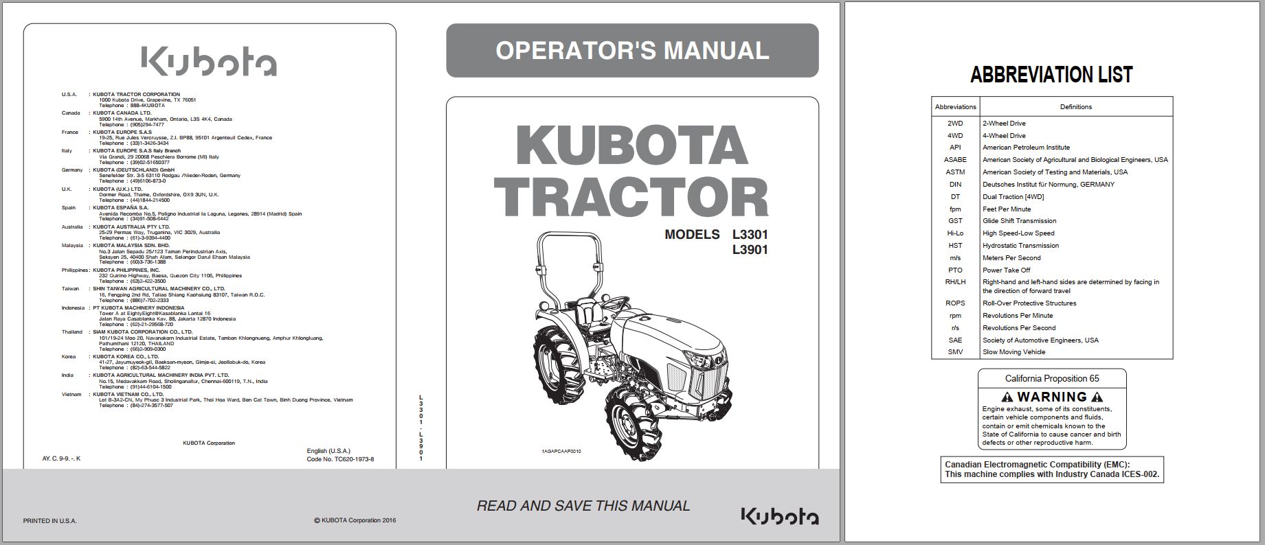 Kubota Tractor L3301 L3901 Operators Manual TC620-1973-8