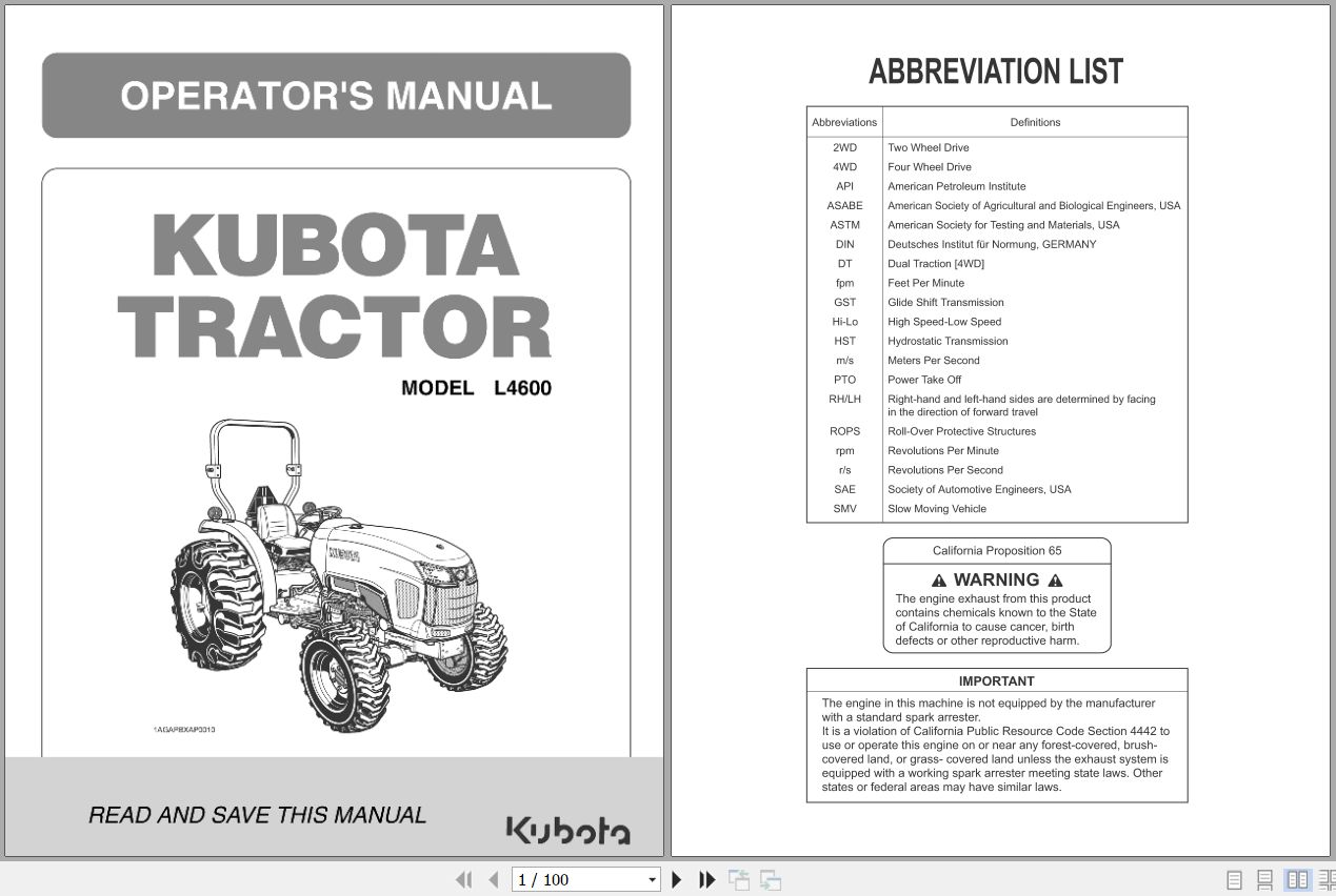 Kubota Tractor L4600HST Operators Manual TC430-59711