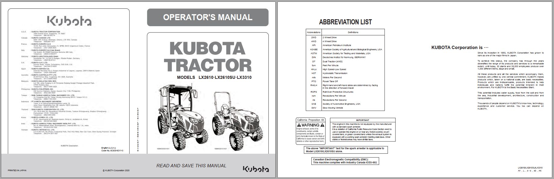 Kubota Tractor LX2610-LX3310 Operators Manual 6C830-6311-3