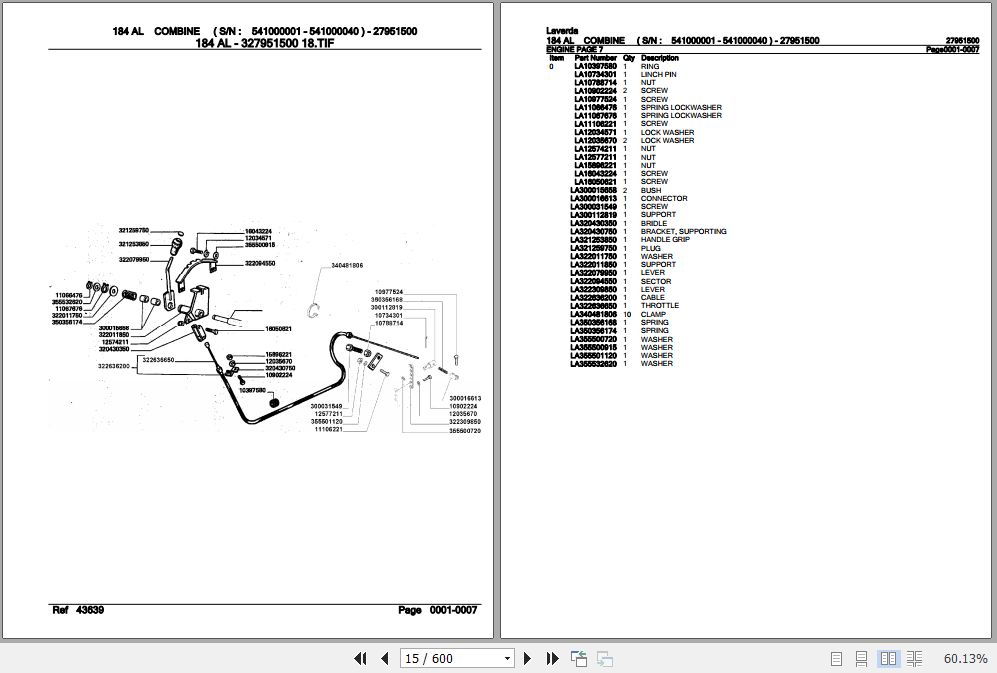 Laverda Combine 184 AL Parts Catalog 27951500