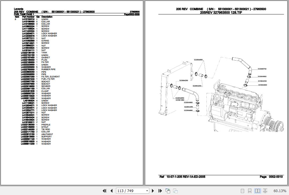 Laverda Combine 205 REV Parts Catalog 27963500