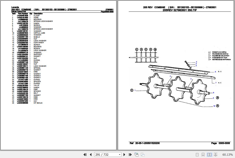 Laverda Combine 205 REV Parts Catalog 27983501