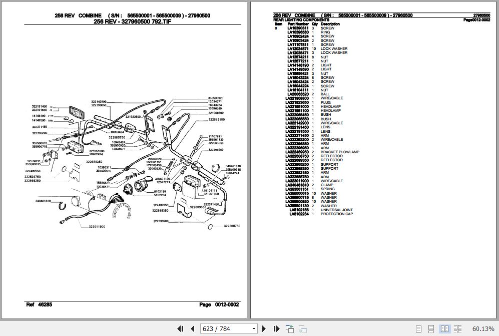 Laverda Combine 256 REV Parts Catalog 27960500