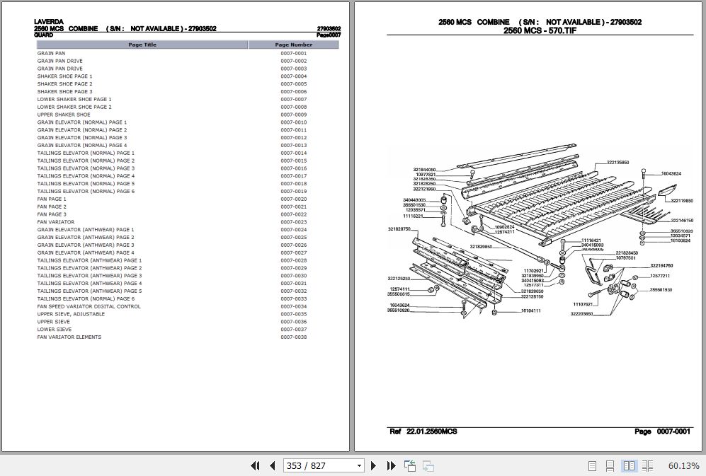 Laverda Combine 2560 MCS Parts Catalog 27903502