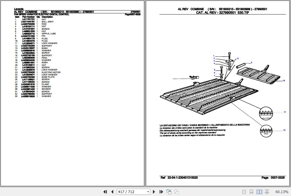 Laverda Combine AL REV Parts Catalog 27990501