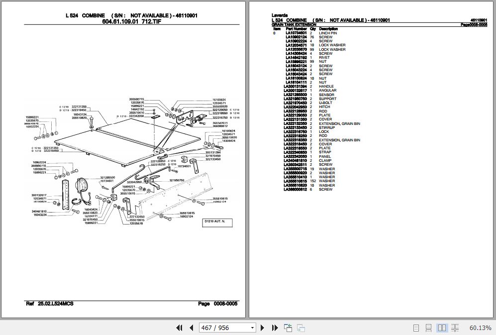 Laverda Combine L 524 Parts Catalog 46110901