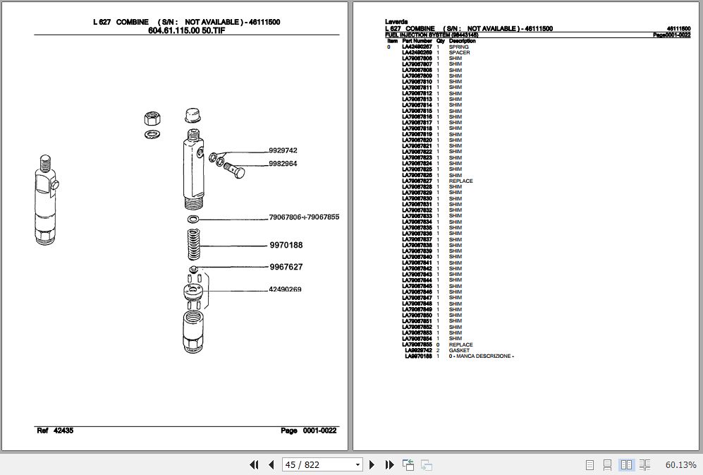 Laverda Combine L 627 Parts Catalog 46111500