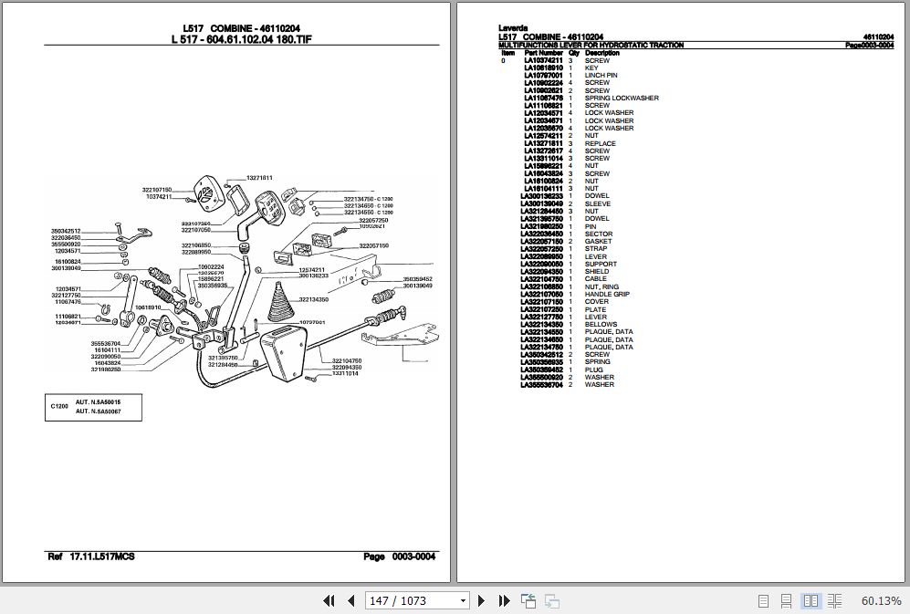 Laverda Combine L517 Parts Catalog 46110204