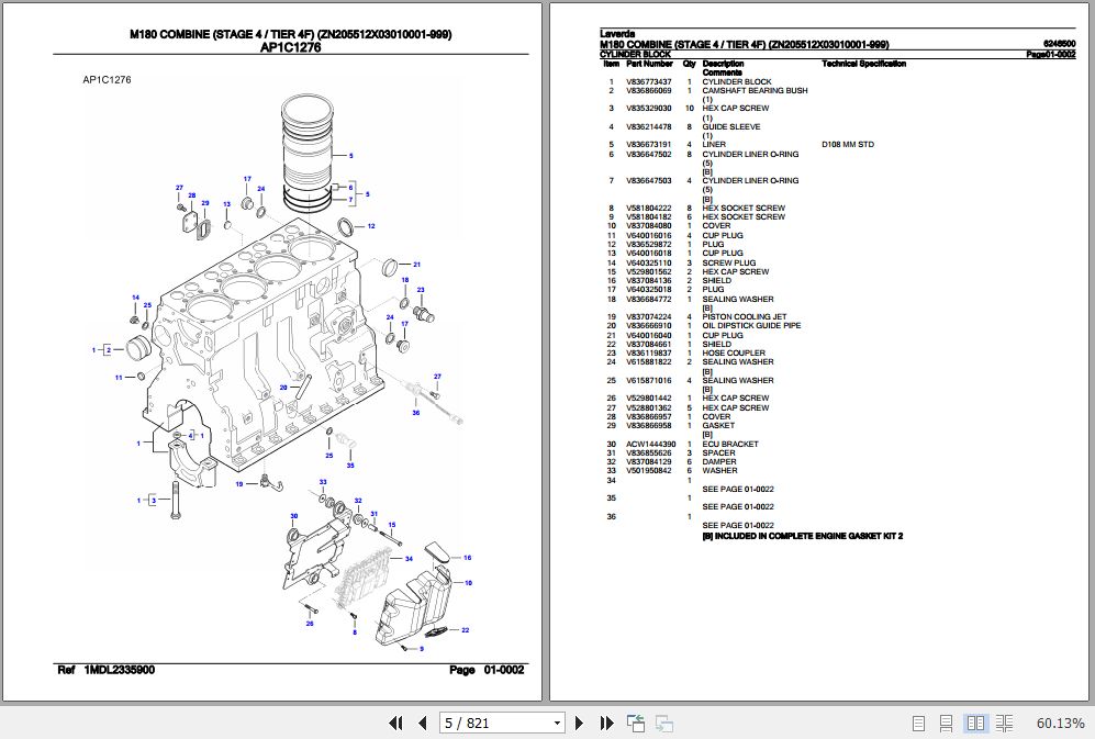 Laverda Combine M180 Parts Catalog 6246500