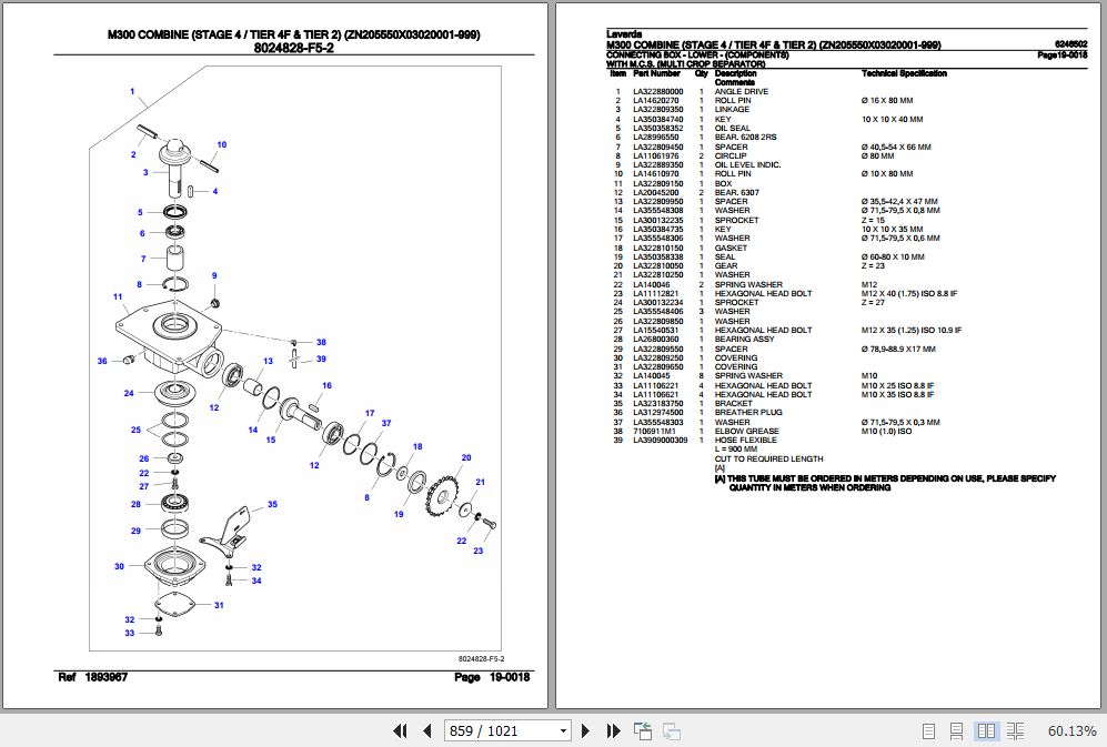 Laverda Combine M300 Parts Catalog 6246502