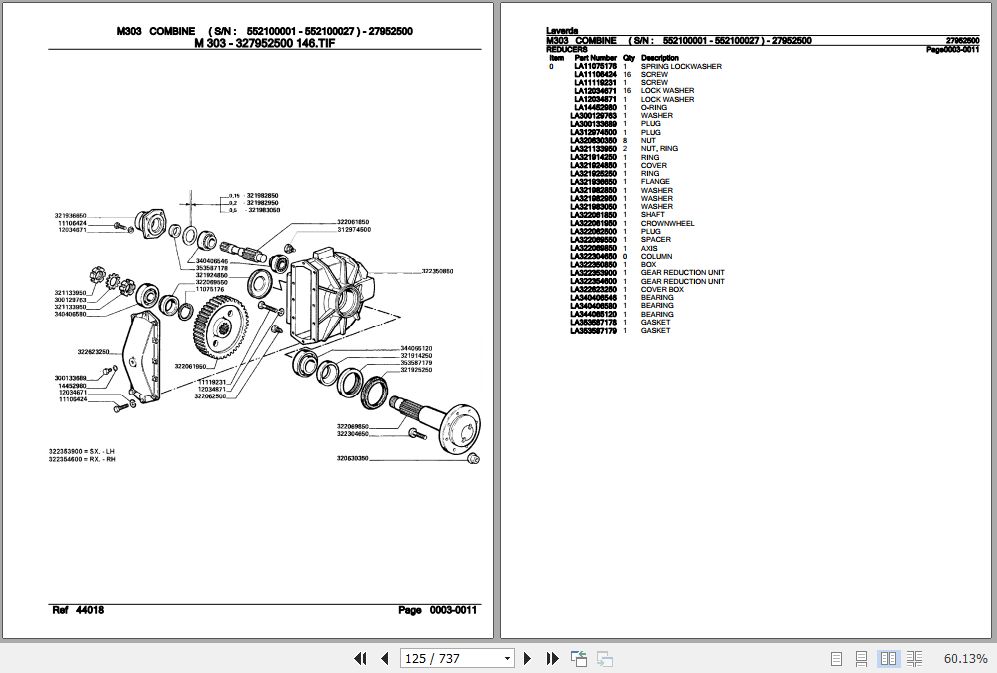 Laverda Combine M303 Parts Catalog 27952500