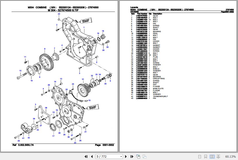 Laverda Combine M304 Parts Catalog 27974500