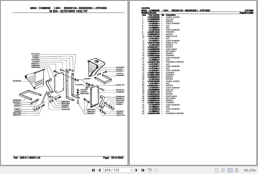 Laverda Combine M304 Parts Catalog 27974500