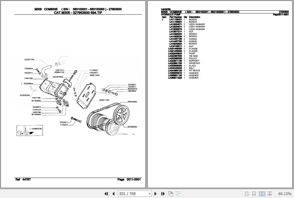 Laverda Combine M305 Parts Catalog 27953500