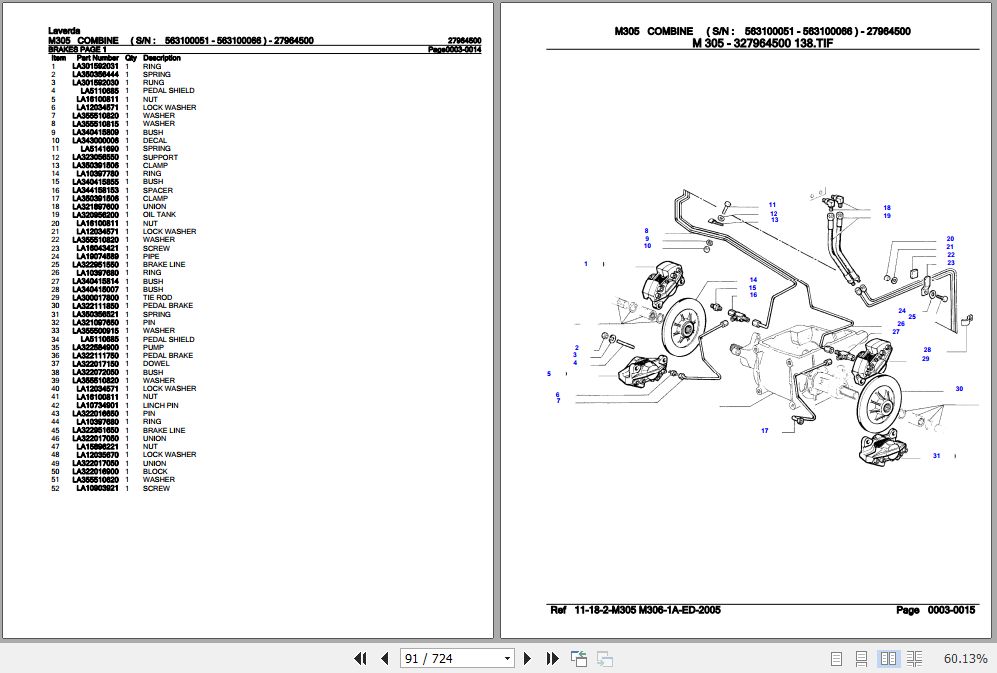 Laverda Combine M305 Parts Catalog 27964500
