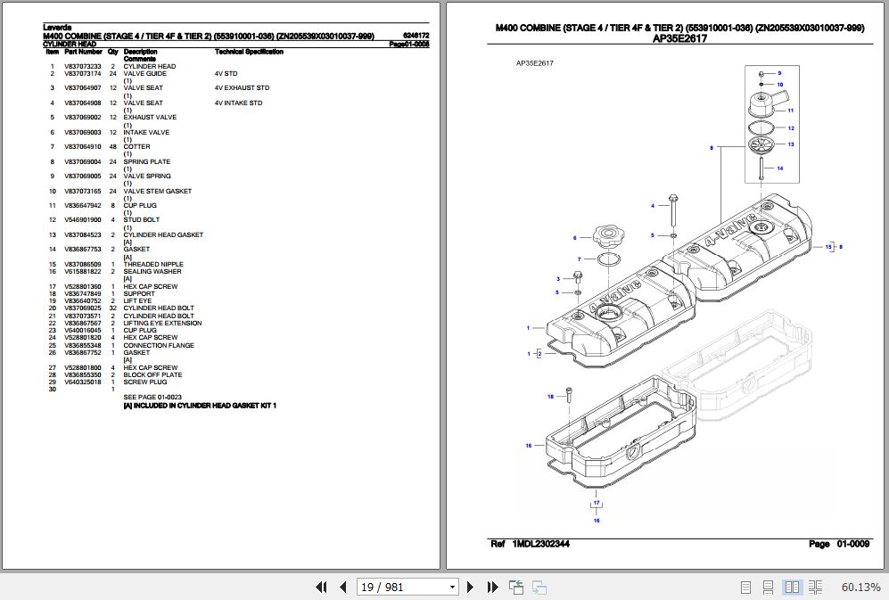 Laverda Combine M400 Parts Catalog 6246172