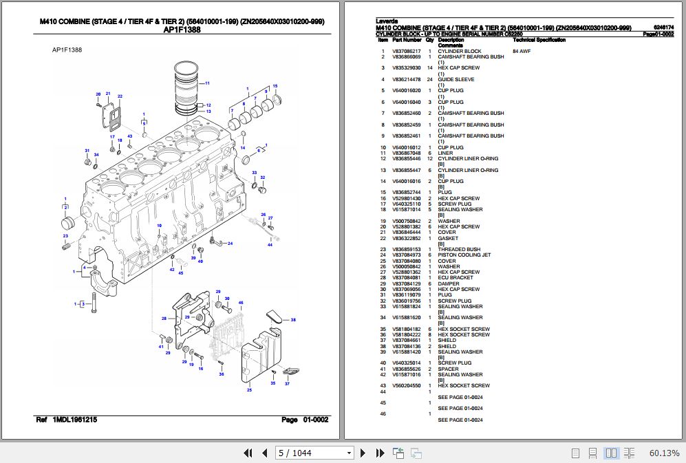 Laverda Combine M410 Parts Catalog 6246174