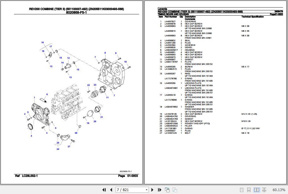 Laverda Combine REV200 Parts Catalog 3906479