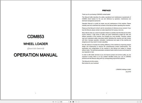 Lonking Wheel Loader CDM853 Operators Manual EN